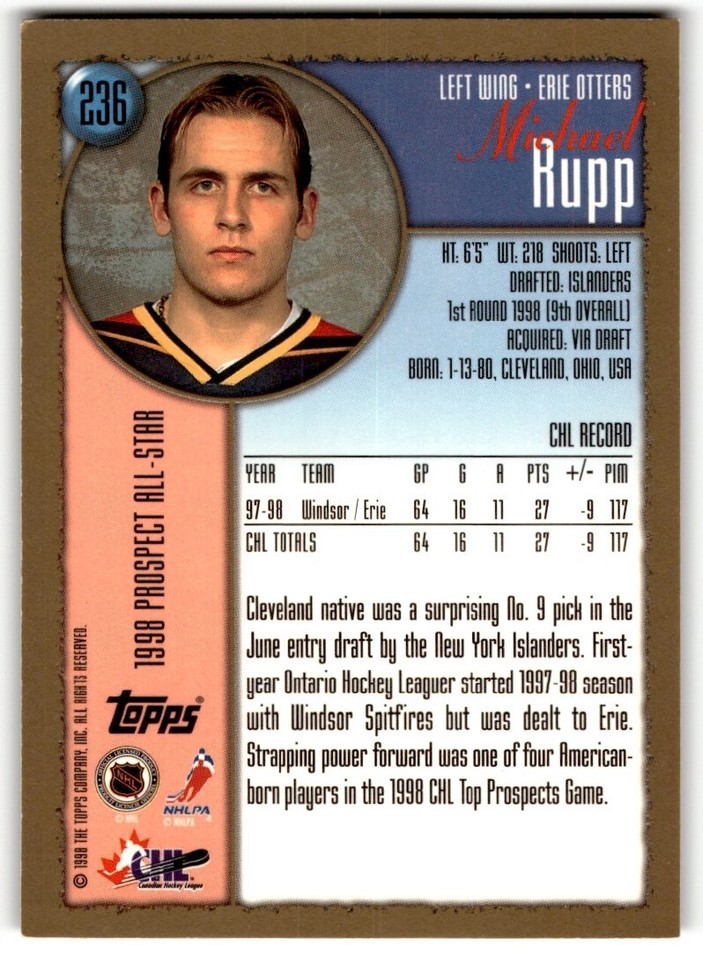 1998-99 Topps Michael Rupp Rookie #236 Erie Otters | eBay
