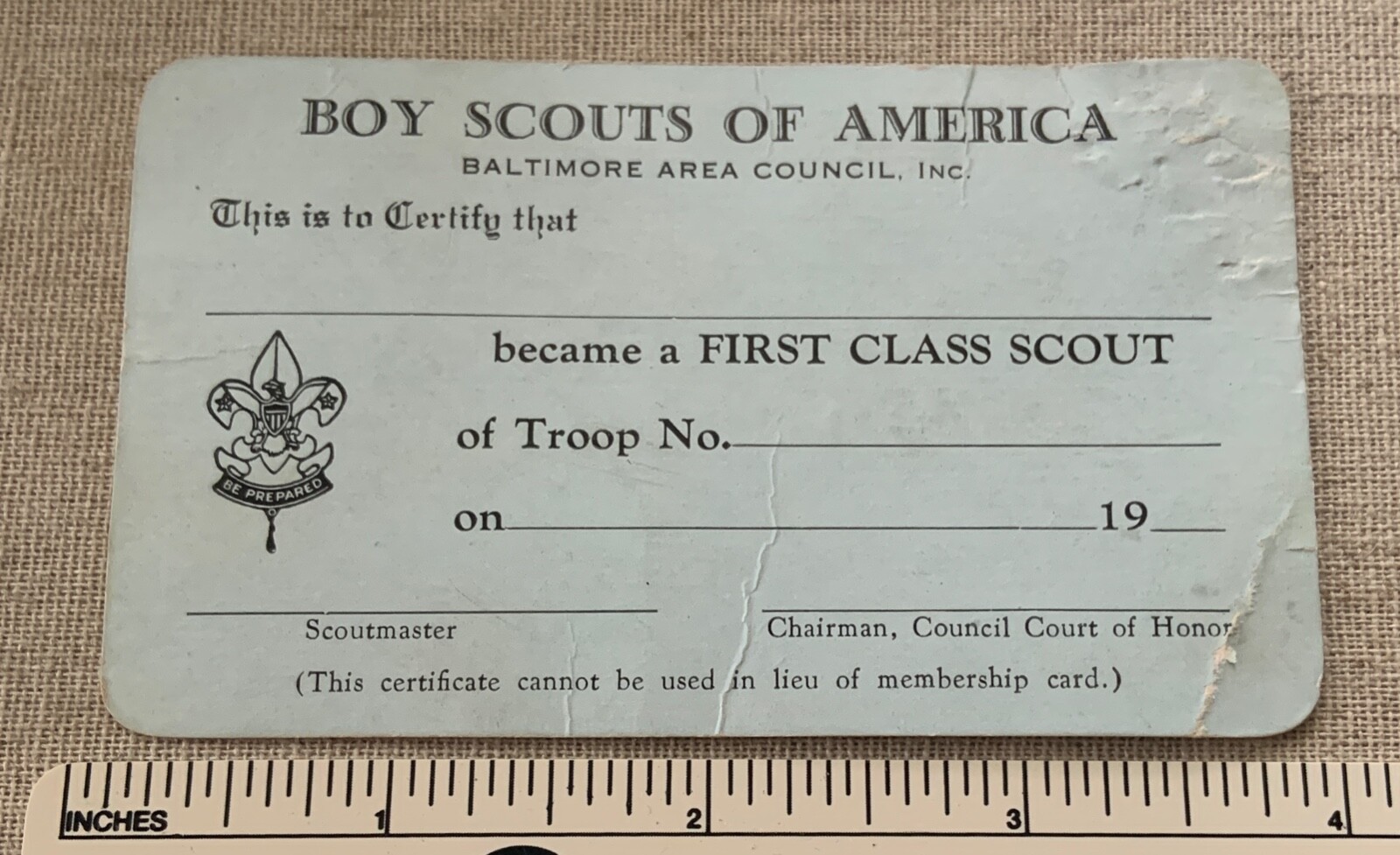 VTG BALTIMORE AREA COUNCIL Boy Scout First Class Rank MEMBERSHIP CARD ...
