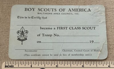 VTG BALTIMORE AREA COUNCIL Boy Scout First Class Rank MEMBERSHIP CARD ...