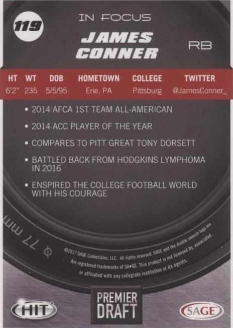 Las mejores ofertas en 2017 Sage Hit James Conner #119 | eBay