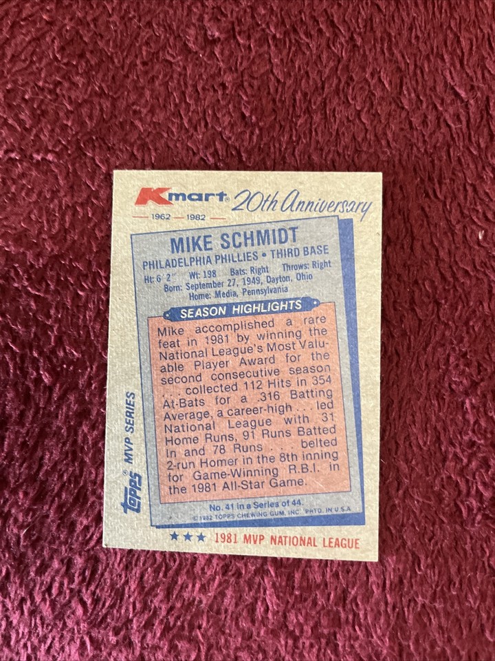 1982 Kmart Topps MVP Series Mike Schmidt Philadelphia Phillies #41 Mint ...