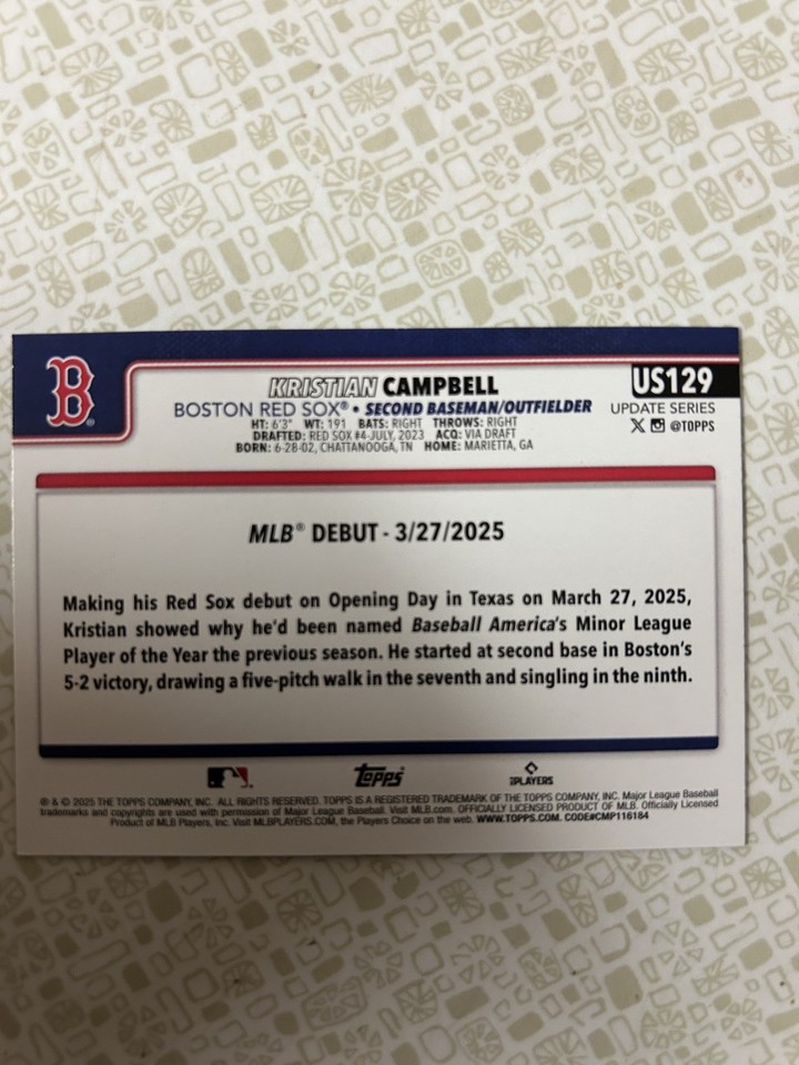 2025 Topps Update Kristian Campbell Rookie Debut Rainbow Foil (RC) # ...