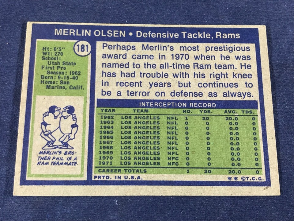 N3-4 FOOTBALL CARD - MERLIN OLSEN ST LOUIS RAMS - CARD #181 - 1972 ...