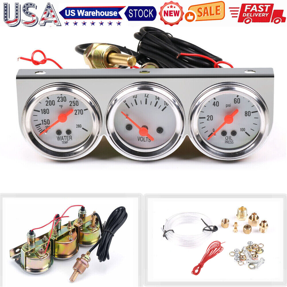 2" 52mm Chrome Car Triple Gauge Set Kit 3in1 Water Temp Oil Pressure ...