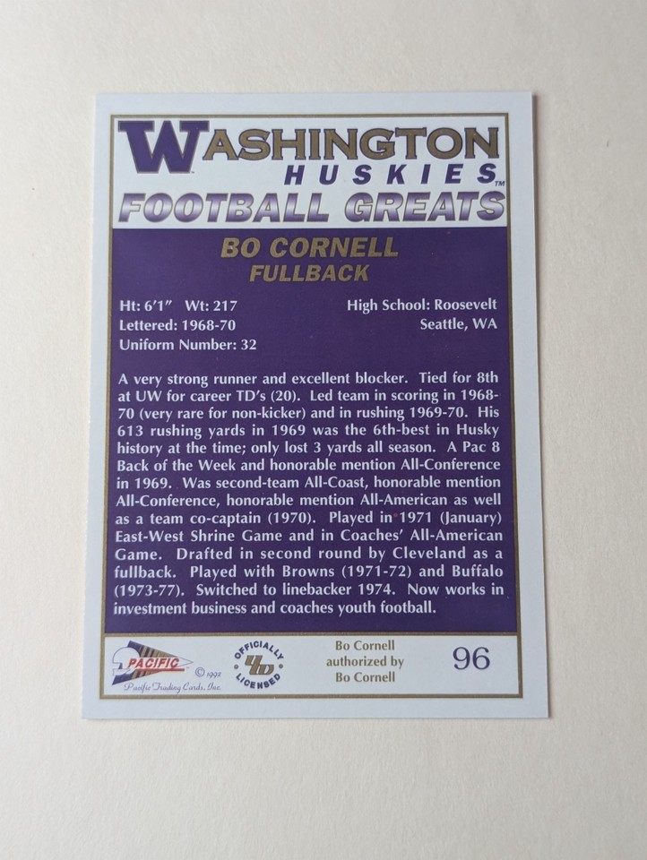 1992 Pacific Washington Huskies Football Greats - Bo Cornell #96 | eBay
