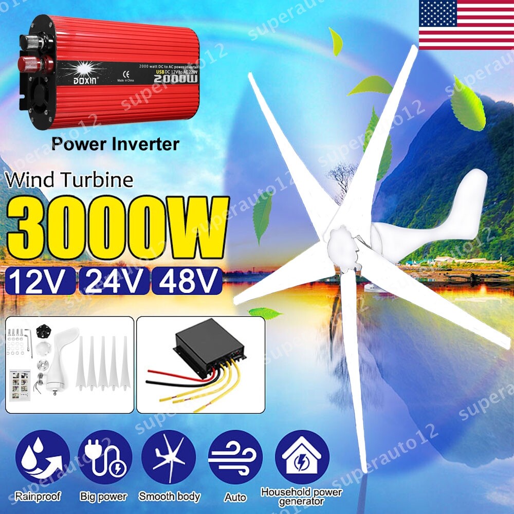 3000W Wind Turbine Generator Green Power 5 Blades Controller 12V 24V ...