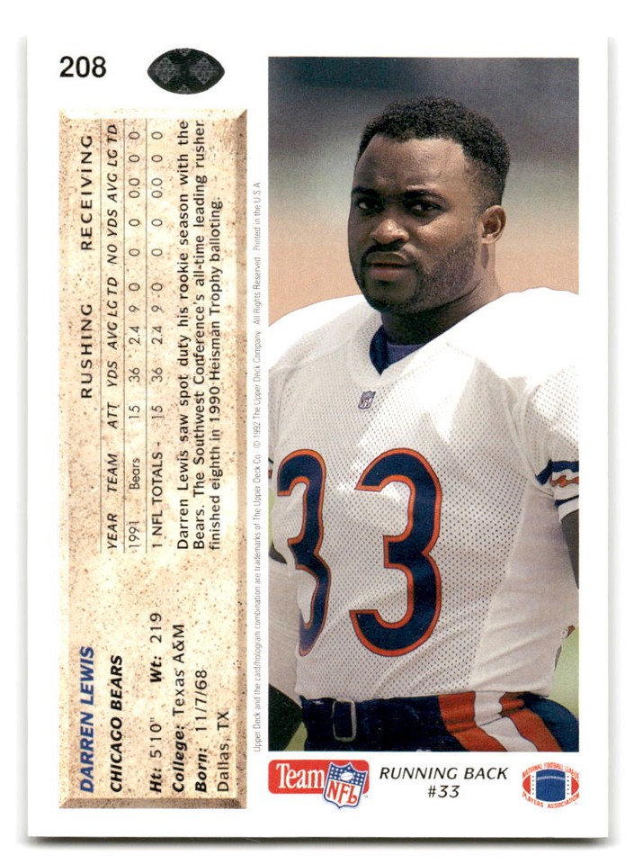 Darren Lewis 1992 Upper Deck FOOTBALL #208 Chicago Bears | eBay