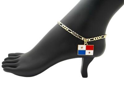 WOMEN'S GOLD PT PANAMA FLAG CHARM 5mm 10" FIGARO CHAIN BLING ANKLET ...