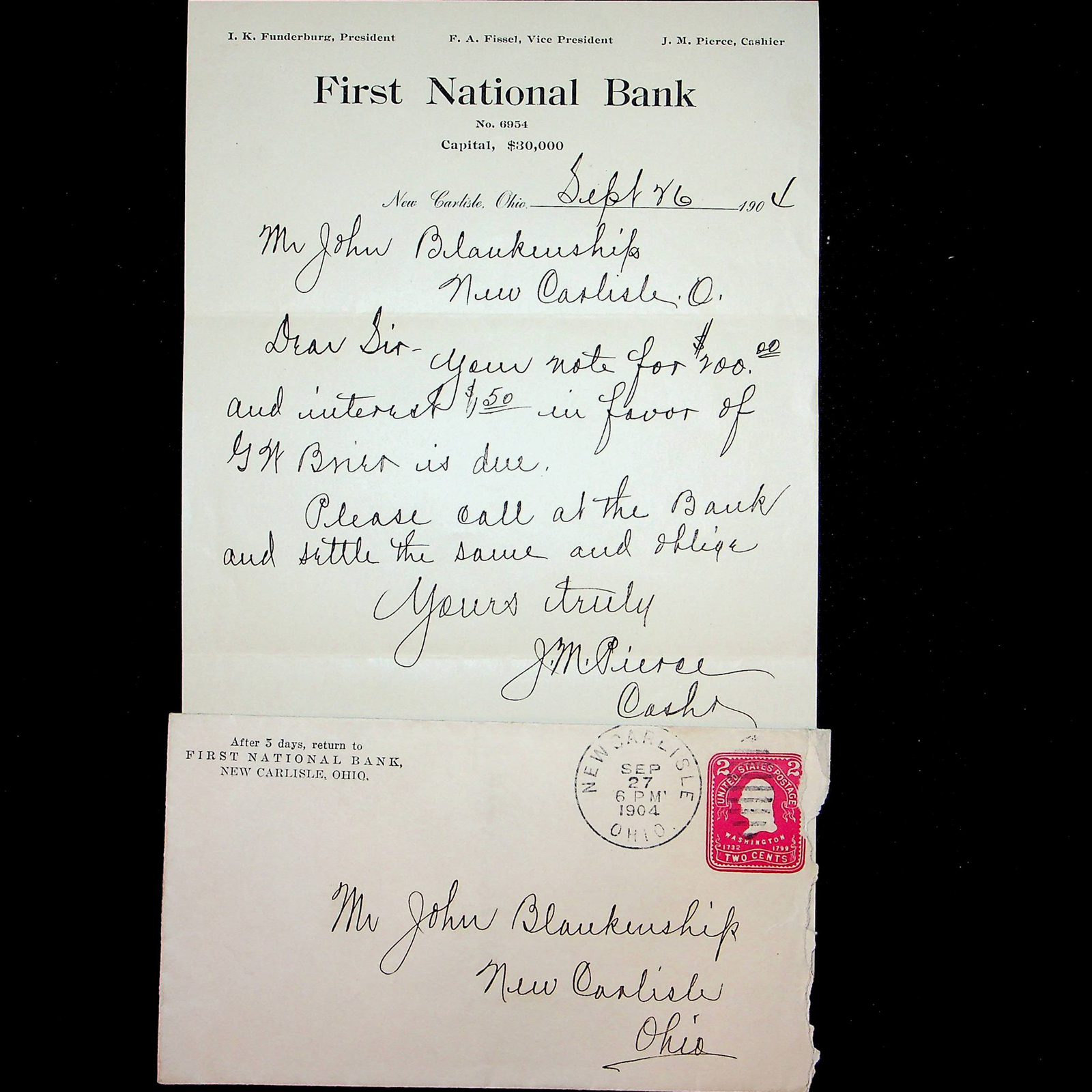 First National Bank Cashiers Collection Note Washington Embossed 2 Cent ...