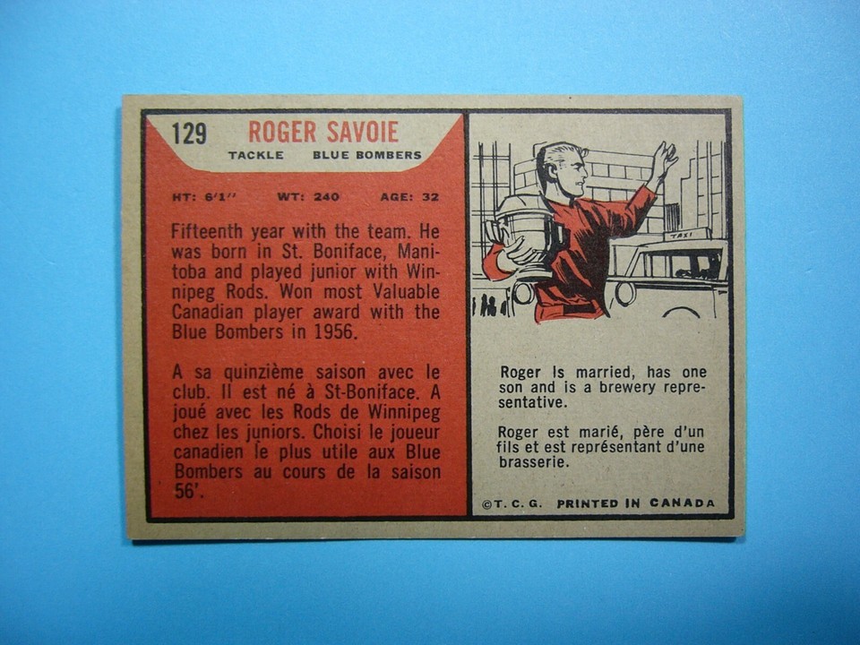 1965 TOPPS CFL FOOTBALL CARD #129 ROGER SAVOIE EX/NM SHARP!! '65 TOPPS ...