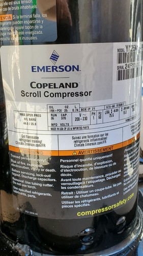 Copeland YA25K1E-PFV-ASE - Scroll Compressor 208/230V - 55-102045-250 ...