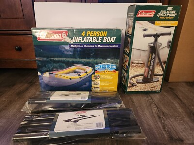 Coleman Inflatable 4-Person Raft Boat + 4 Oars Paddles + Double Action ...