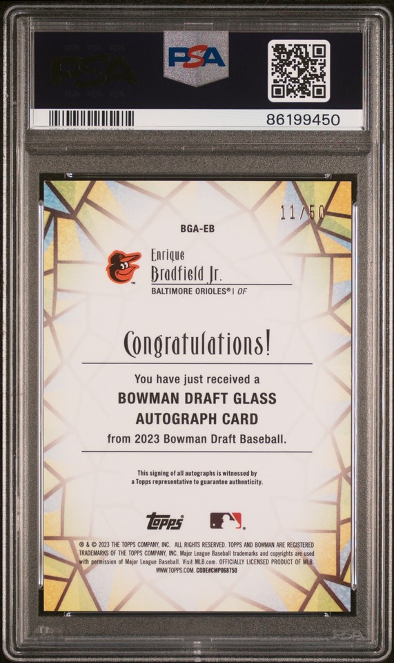 2023 BOWMAN DRAFT BOWMAN GLASS AUTO #BGAEB ENRIQUE BRADFIELD JR. 11/50 ...