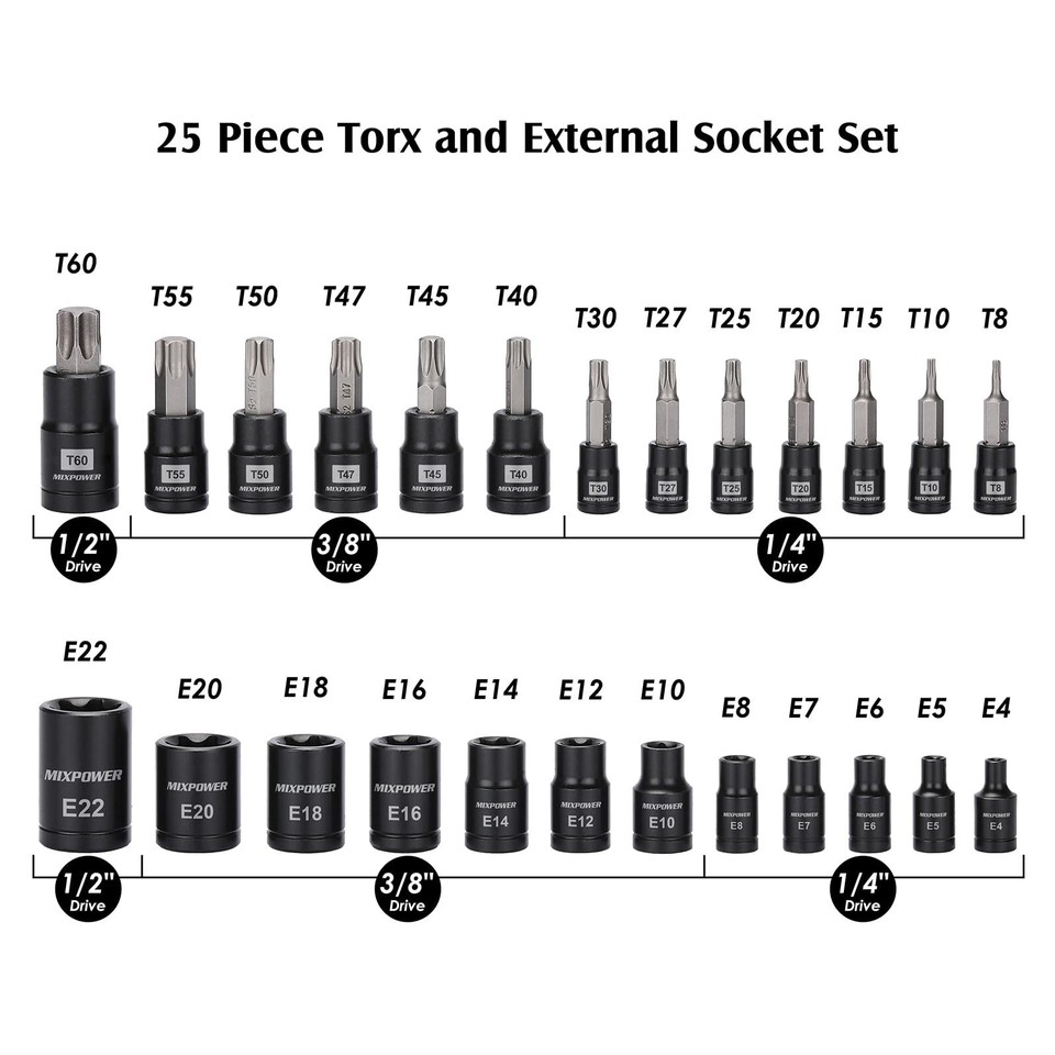 25 Piece Torx Bit And Socket Set 13 Star Bits t8 T60 & 12 Etorx Sockets ...