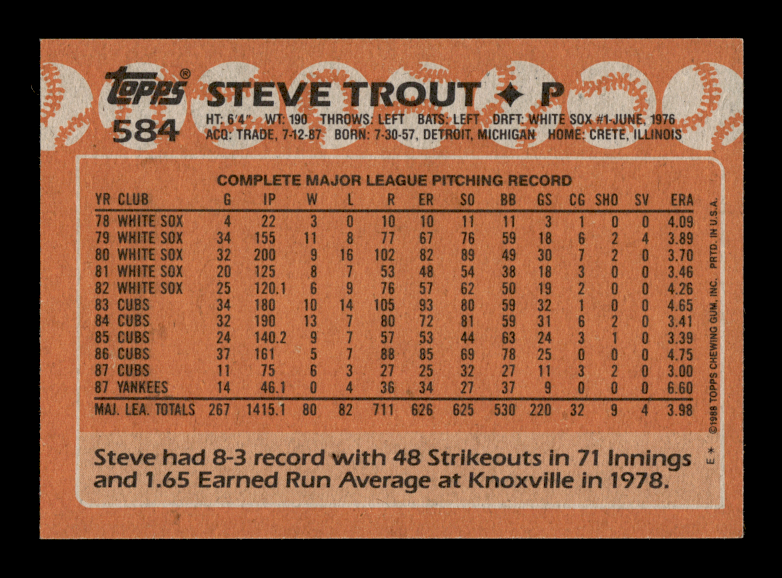 1988 Topps # 584 Steve Trout Autograph Signed Card (M2) New York ...