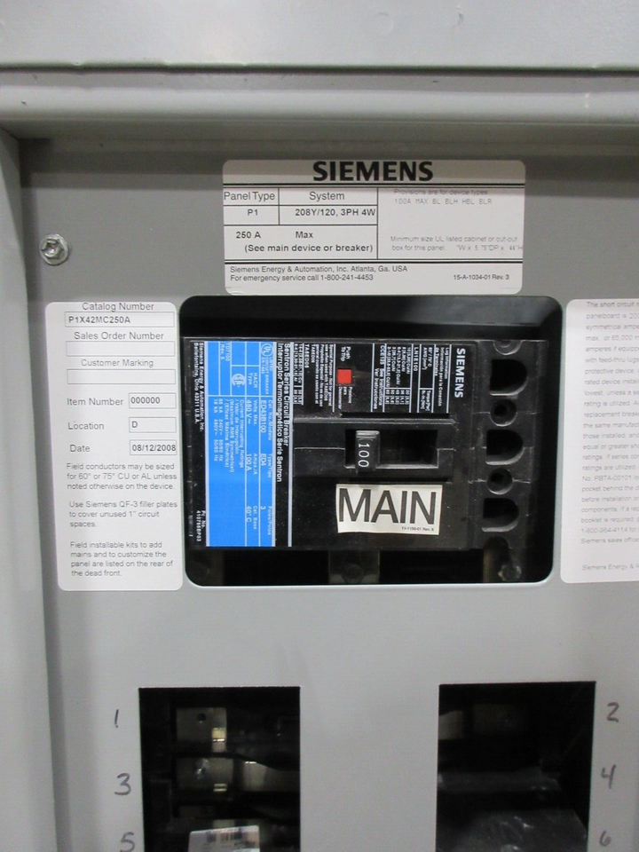Siemens P1 Panelboard 100 Amp Main Breaker ED43B100 120/208V 3PH4W ...