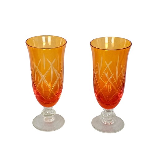Set of 2 Vintage Orange Etched 6" Iced Tea Water Glass Goblets RARE | eBay