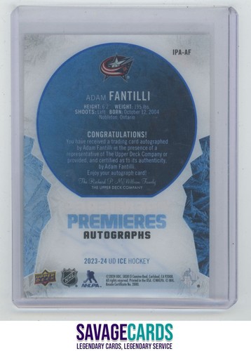 2023-24 Upper Deck Ice Premieres Autographs Adam Fantilli Auto /199 # ...