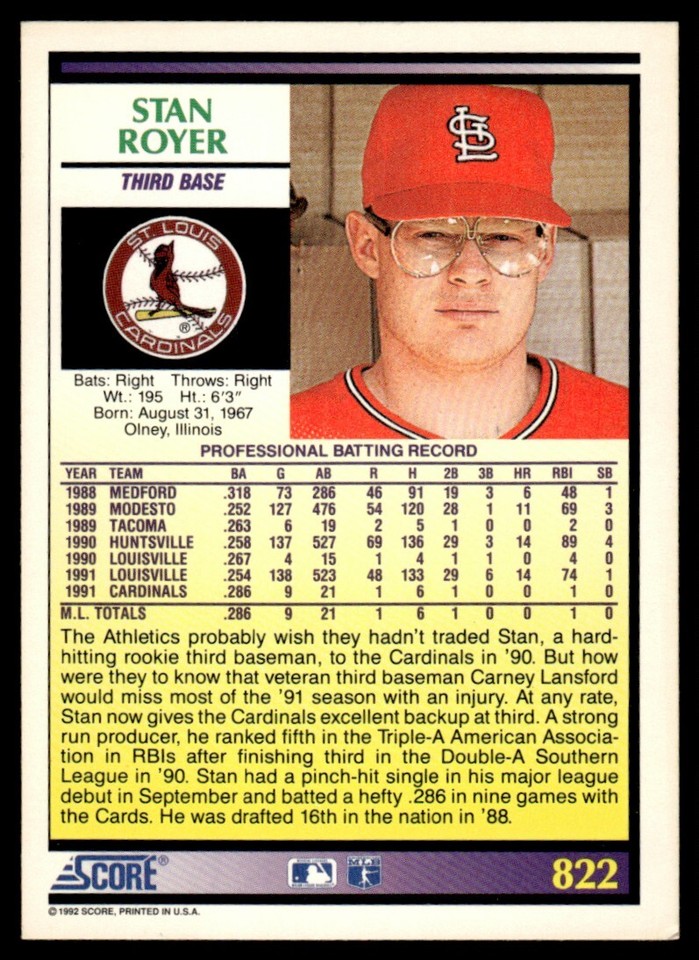 1992 Score #822 Stan Royer St. Louis Cardinals | eBay
