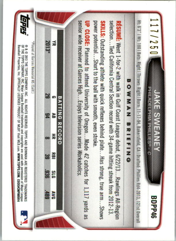 2013 Bowman Draft Draft Picks Orange #BDPP46 Jake Sweaney/250 - NM-MT ...