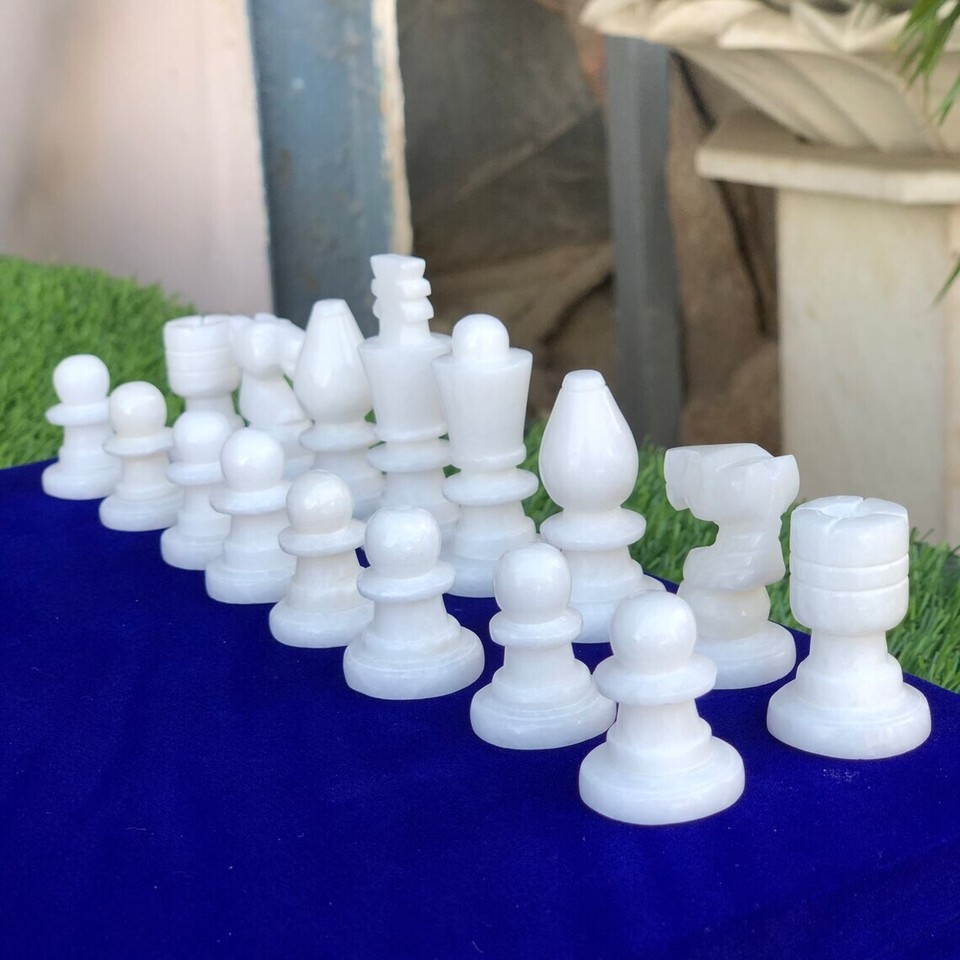 15"x15" White Marble Chess Table Top, Chess Set With Pieces, inlay Work ...