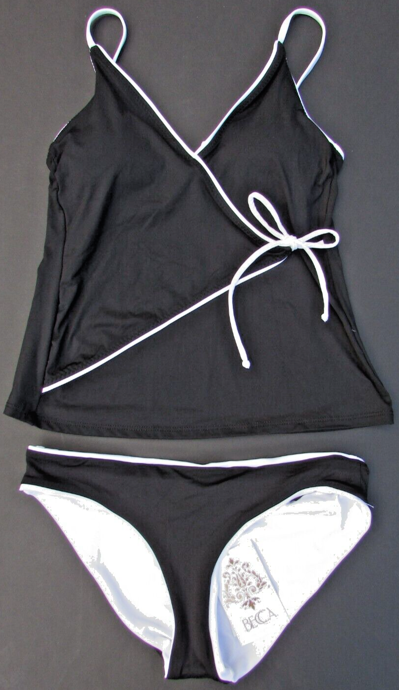 BECCA On the Edge Black & White Faux-Wrap Tankini Womens Swimsuit Size ...