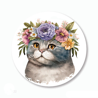 Stunning Gray Cat Floral Headband Scrapbook Stickers Envelope Seals Cat ...