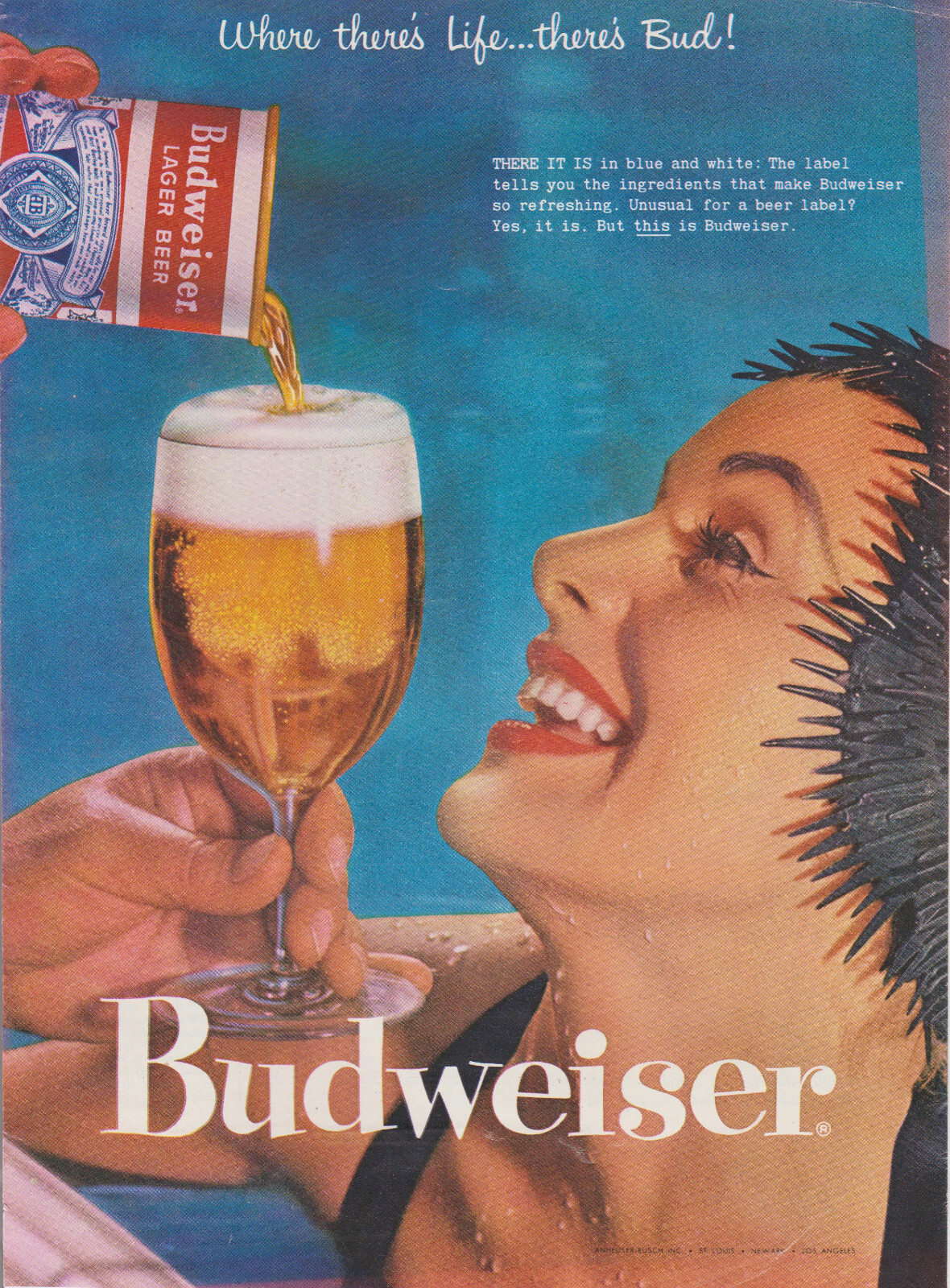 1957 Budweiser Beer - Swimming Pool Swimsuit Swim Cap Wet Girl - Print ...