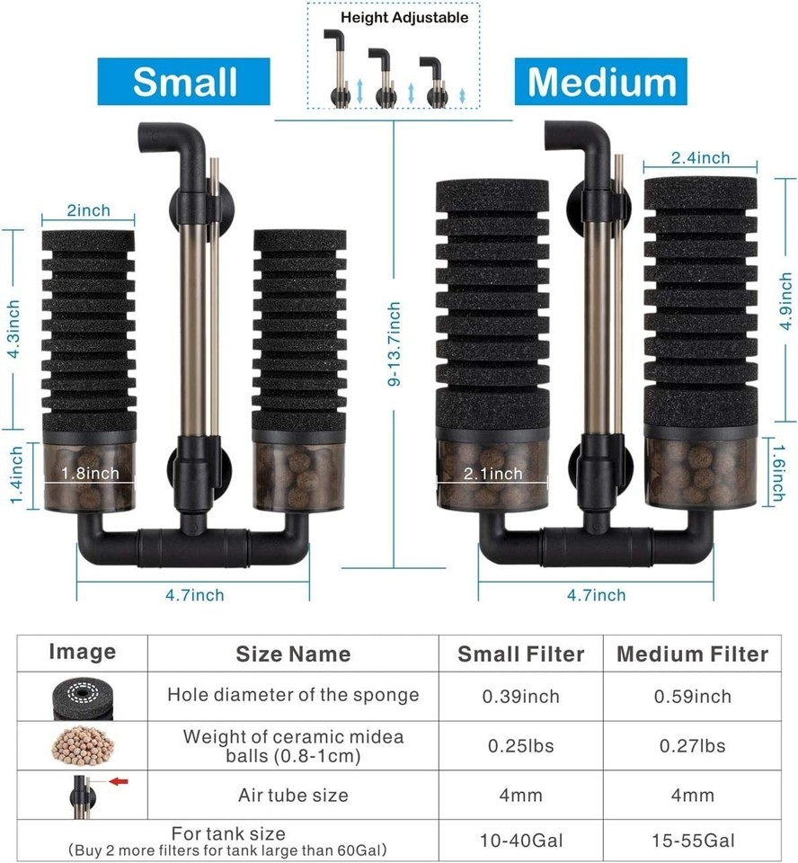 hygger Double Sponge Filter for 10-55 Gallon Aquarium Spare Sponges ...