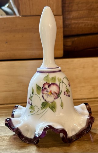 Fenton Pansy Ruffle Crest Bell Hand Painted Purple Colors On Milkglass ...