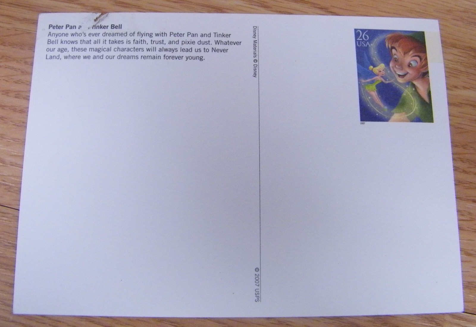 Walt Disney's 2007 Peter Pan and Tinker Bell 6 x 4" Post Card **READ ...