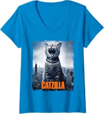 Catzilla Funny Parody Cat Movie Monster Iconic Cat Ladies' V-Neck ...