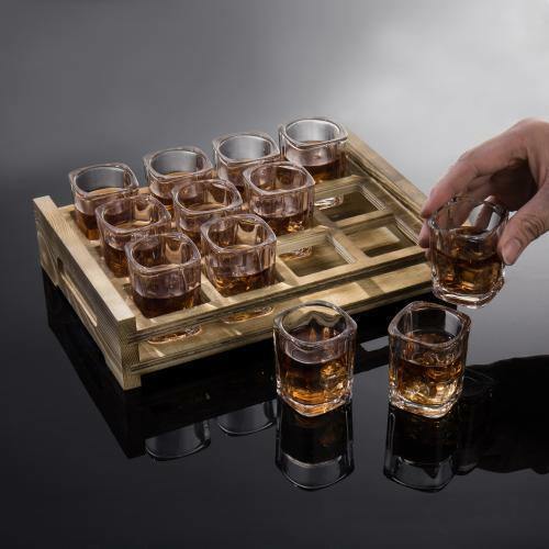 12 Shot Glass Server w/ Rustic Countertop Burnt Wood Tray, Bar Home ...
