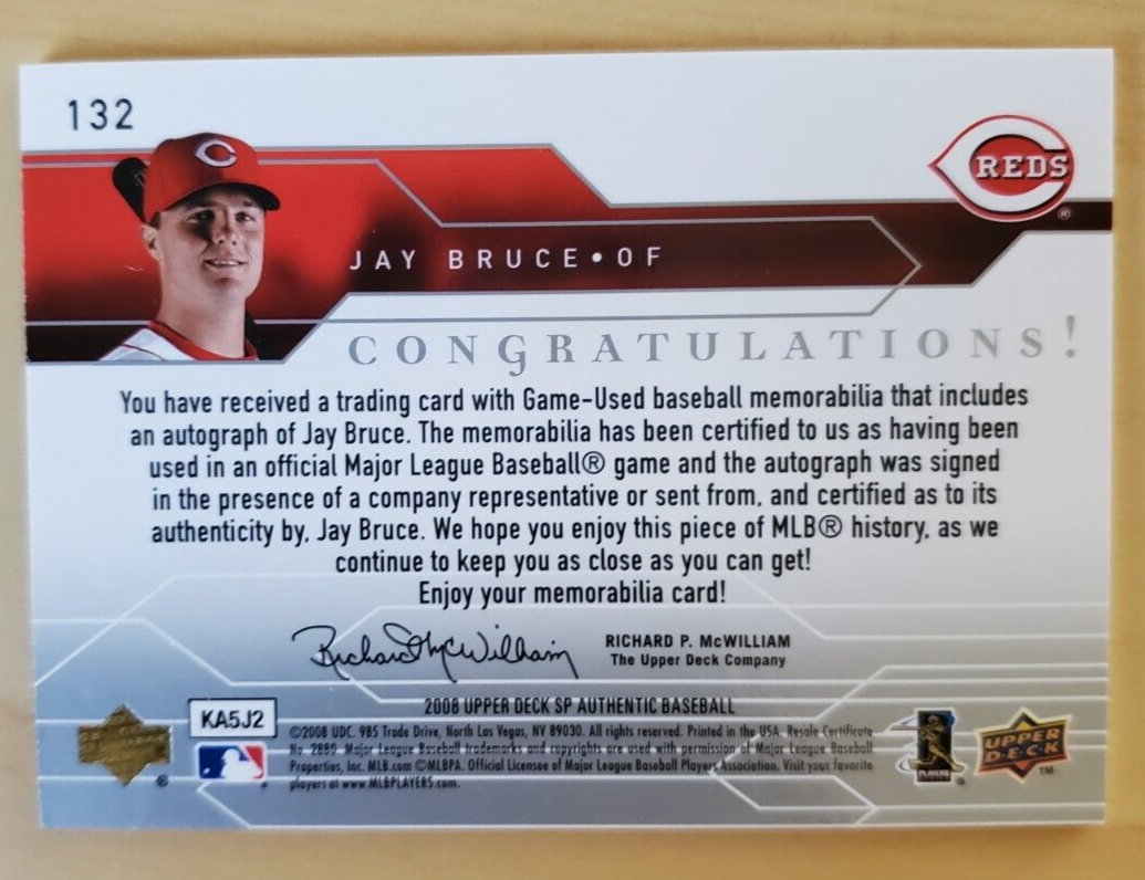 2008 SP Authentic - Rookie Jersey Autograph #132 Jay Bruce /549 (AU ...