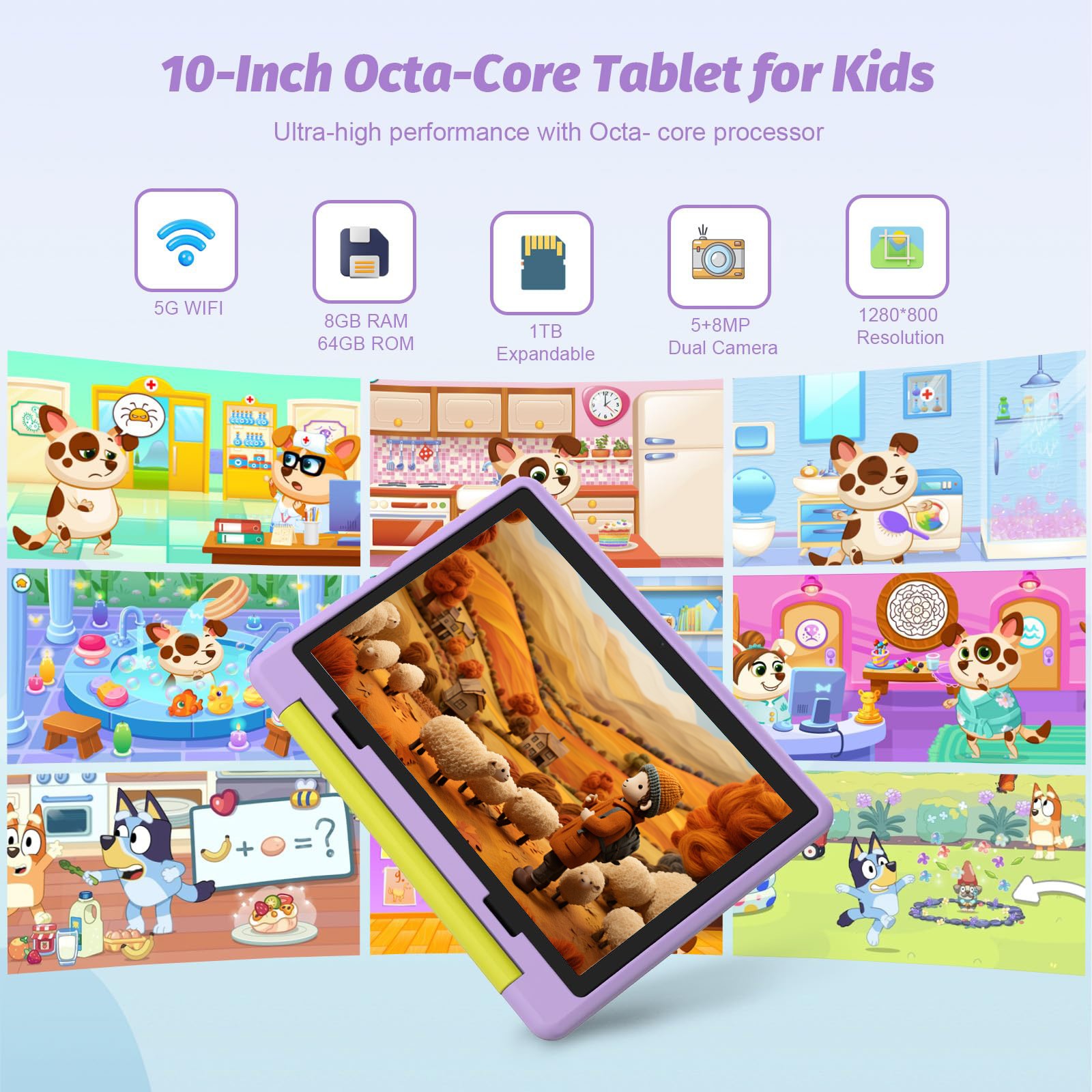 2pcs Kids Tablet 10 inch Android 14 Tablets 8+64GB with Shockproof Blue ...