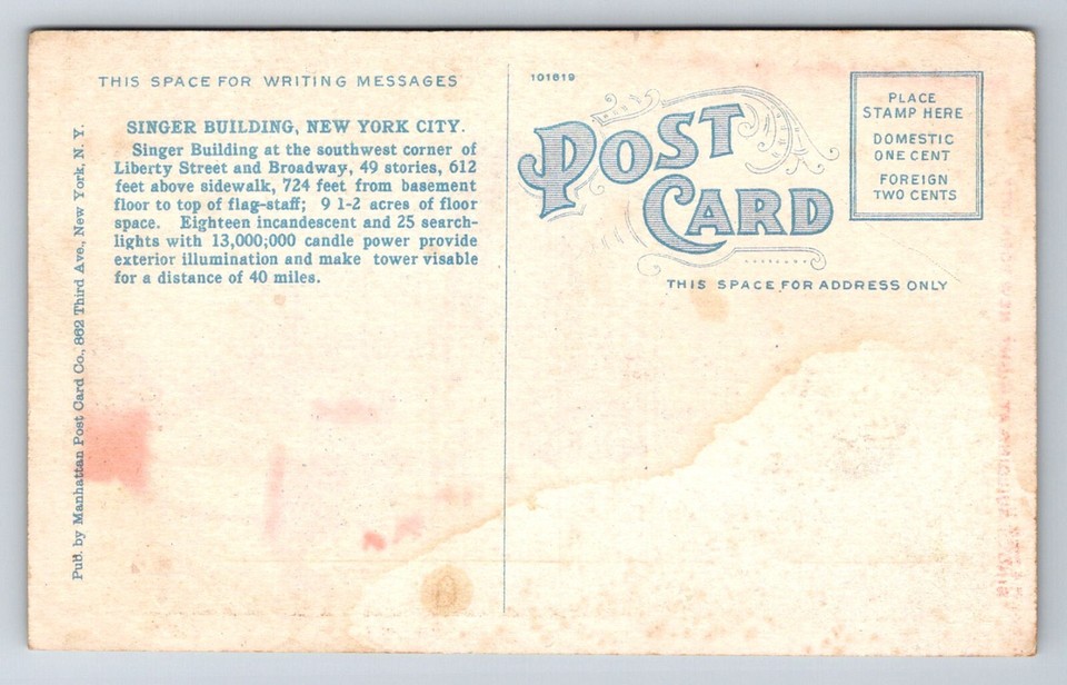 Postcard New York City Singer Building at Night White Border Unposted ...