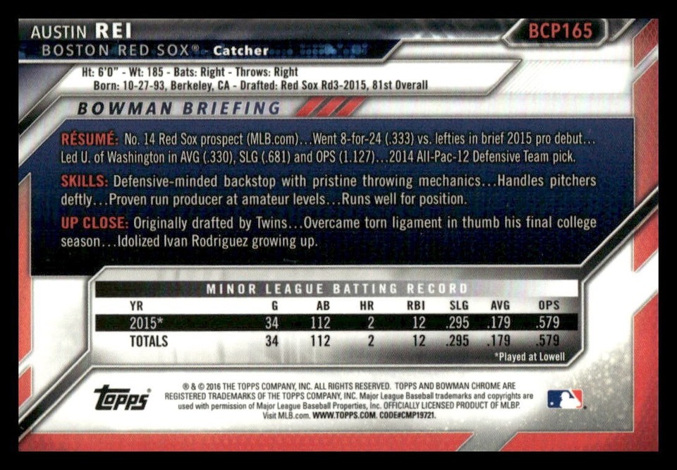 2016 Bowman Chrome Orange Shimmer Refractor Austin Rei Rc #BCP-165 | eBay