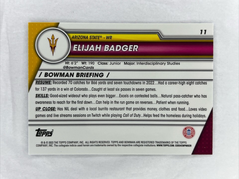 2023 Bowman U Chrome Sapphire ELIJAH BADGER 1st Bowman Arizona State ...
