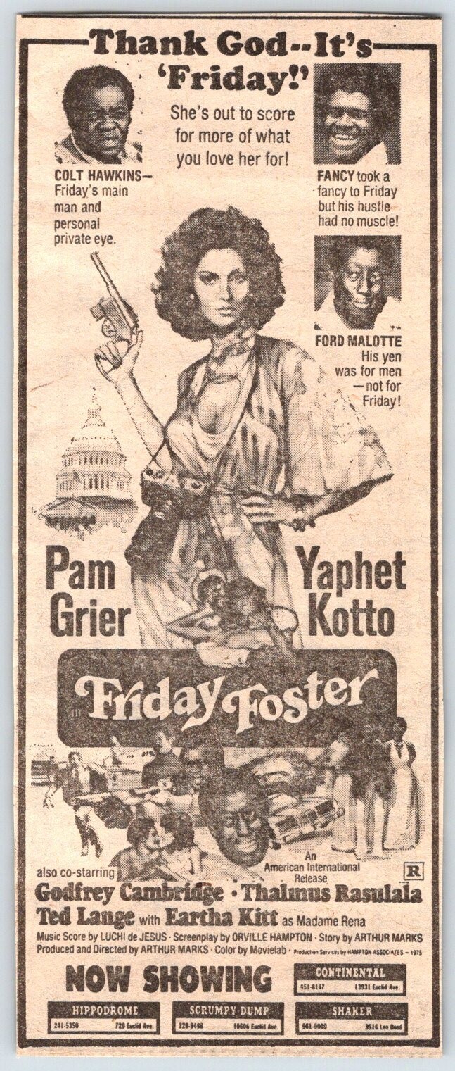 1975 PAM GRIER FRIDAY FOSTER MOVIE AD Vtg 3"X7.25" Original Newspaper ...