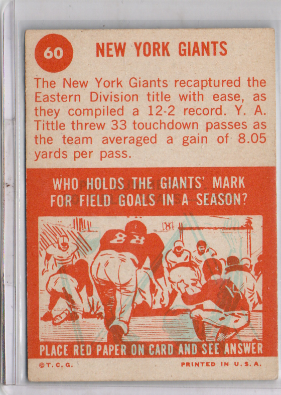 NEW YORK GIANTS TEAM 1963 TOPPS FOOTBALL CARD #60 VG A111 | eBay