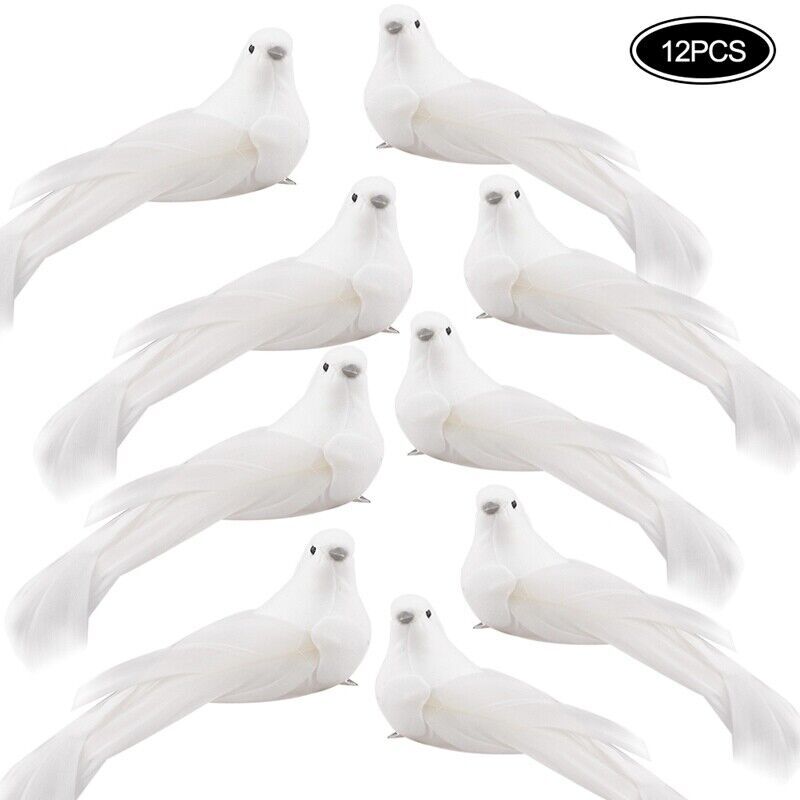 12PCS Artificial Feather Birds Decor Clip on Tree White Feathers Bird ...