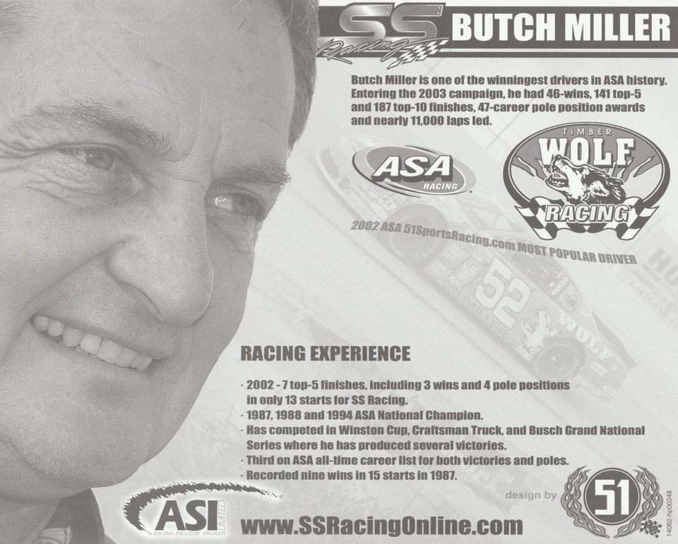 2003 BUTCH MILLER signed NASCAR ASA RACING WOLF HERO PHOTO CARD ...