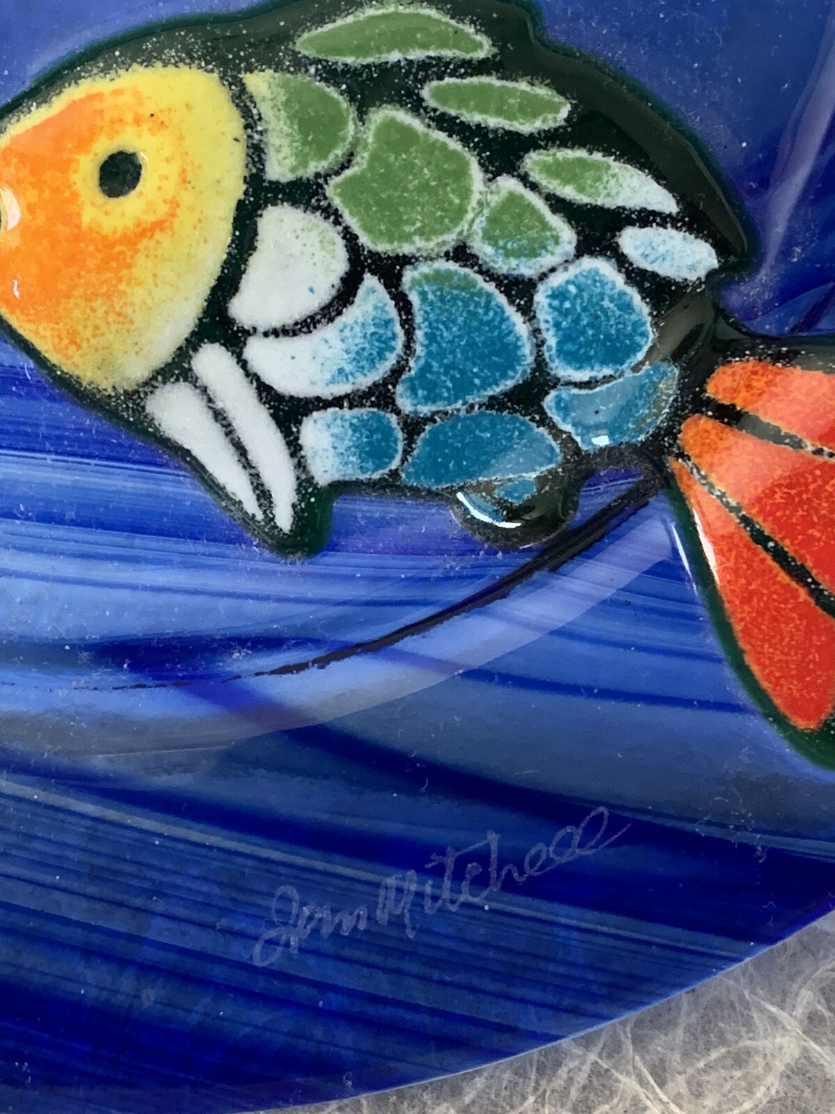 Studio Art Glass Jan Mitchell Signed Fused Art Glass Fish Plate Blue 7 ...