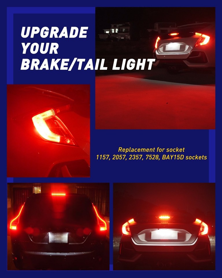 Red 1157 LED Stop Tail Brake Light Bulbs Strobe Flash Error Free ...