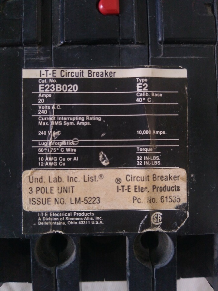 ITE CIRCUIT BREAKER TYPE-E2-A 3 POLE 20A 240V CAT. NO. E23B020 | eBay