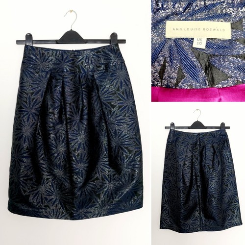 Ann Louise Roswald Blue Black Silk Blend Floral Metallic Skirt Pleated ...
