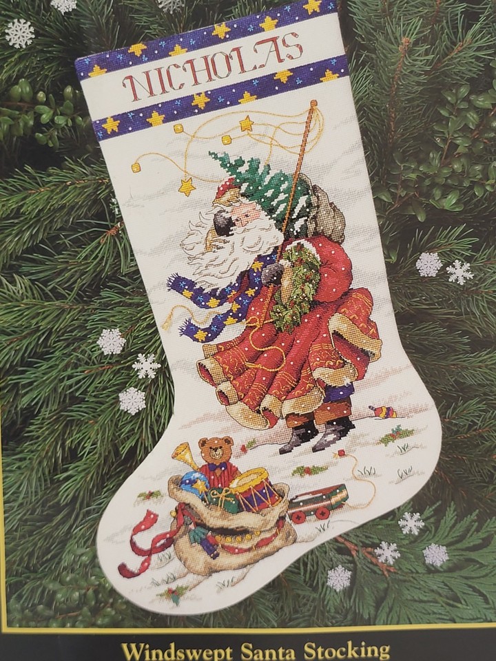 Dimensions Gold Collection Windswept Santa Christmas Stocking Cross ...