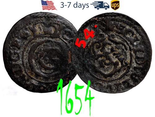Sweden Livonia Schilling Solidus 1654 Queen Carl X Gustav Billon Coin ...