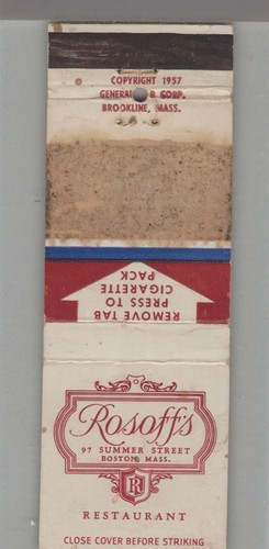 Matchbook Cover - Sticky Back Rosoff's Restaurant Boston, MA | eBay