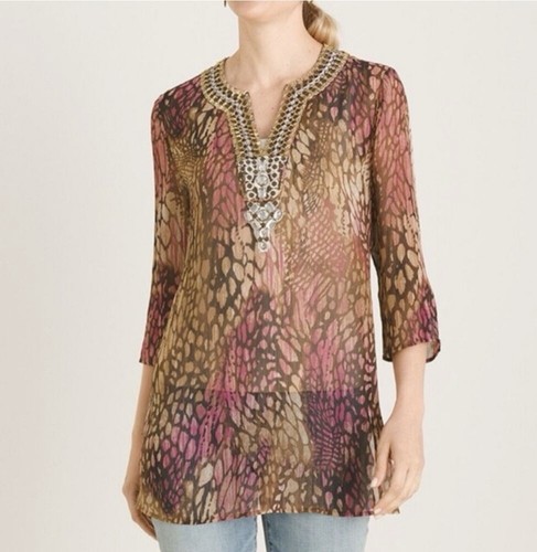 Chico's 100% Silk Top Animal Print Sequin Rhinestones Womens Long ...